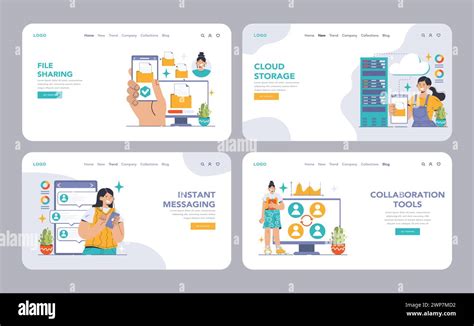 Collaboration Tools Web Or Landing Set Diverse Professionals Using