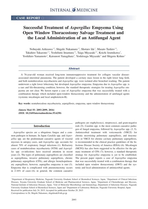 Pdf Successful Treatment Of Aspergillus Empyema Using Open Window Thoracostomy Salvage