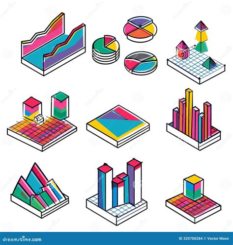 Collection Colorful Isometric Data Charts Bright Infographic Elements Include Bar Graphs Line