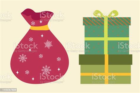 선물 가방과 선물 상자 산타의 가방에 크리스마스 선물 인사말 카드 포스터 줄무늬 엠블럼 장식 현대적인 플랫 스타일 12월에 대한 스톡 벡터 아트 및 기타 이미지 Istock