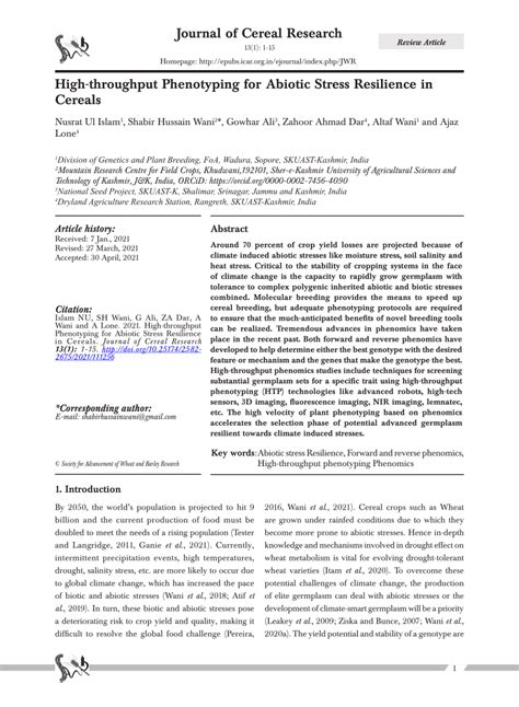 Pdf High Throughput Phenotyping For Abiotic Stress Resilience In Cereals