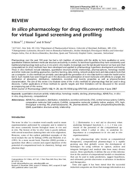 Pdf In Silico Pharmacology For Drug Discovery Methods For Virtual