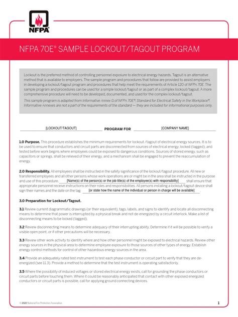 Nfpa 70e Sample Lockout Tagout Program Pdf Occupational Safety And
