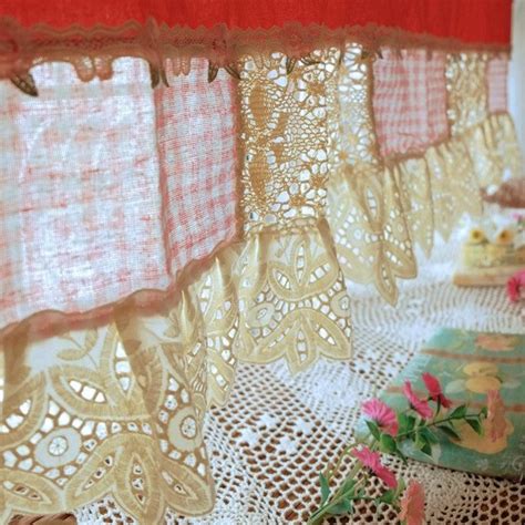 Boho Patchwork Curtain With Pink Gingham And Crochet Lace French Provincial Charm Custom Boho Patchwork Curtain With Pink Gingham And Crochet Lace French Provincial Charm Custom
