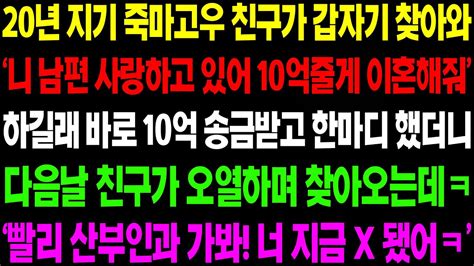 실화사연 20년 지기 죽마고우 친구가 갑자기 찾아와 니 남편 사랑하고 있어 10억 줄게 이혼해줘 하는데 사이다 사연 감동사연 톡톡사연 Youtube