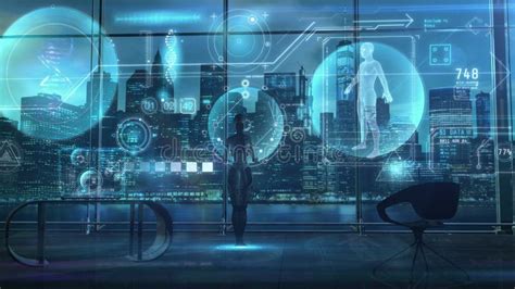 a sci fi plot with an android and an array of medical data 3d render stock footage video of