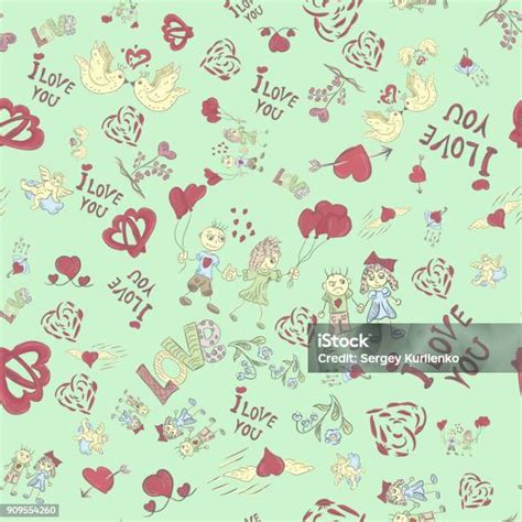 벡터 일러스트 레이 션의 완벽 한 패턴 축제 기호 디자인 요소 발렌타인 녹색 배경 공휴일에 대한 스톡 벡터 아트 및 기타 이미지 공휴일 구름 드로잉 Istock