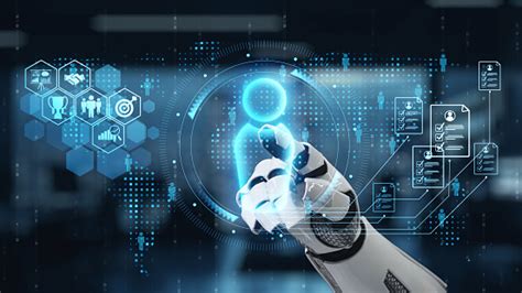 홀로그램 데이터 기호 및 아이콘을 보여주는 디지털 인터페이스와 상호 작용하는 미래형 로봇 손은 현대 작업 공간에서 기술과 혁신을 나타냅니다 오바나 금융에 대한 스톡 사진 및