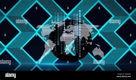Composition Of World Map And Binary Code Over Blue 3d Grid On Black
