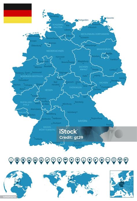 독일 도시 지역 세계지도 및 지구본의 위치가 포함 된 상세한 파란색 국가지도 인포그래픽 아이콘 공익 기업체에 대한 스톡 벡터 아트 및 기타 이미지 Istock