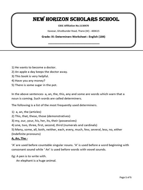 Determiners Worksheet Pdf Grammatical Number Plural