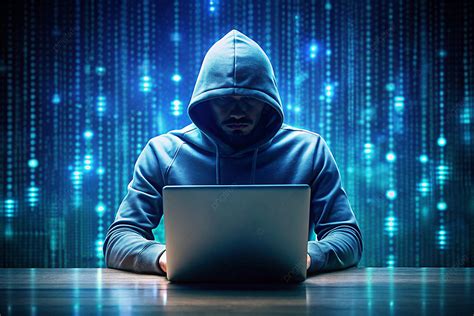 Cybercriminal Wearing A Hood Illuminated By Glowing Blue Binary Code
