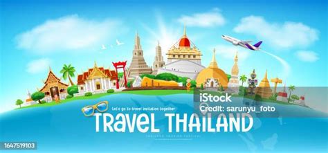 태국 관광 건축 세계 지도 비행기 구름과 하늘색 배경에 배너 디자인 고대의에 대한 스톡 벡터 아트 및 기타 이미지 고대의 공휴일 관광 Istock