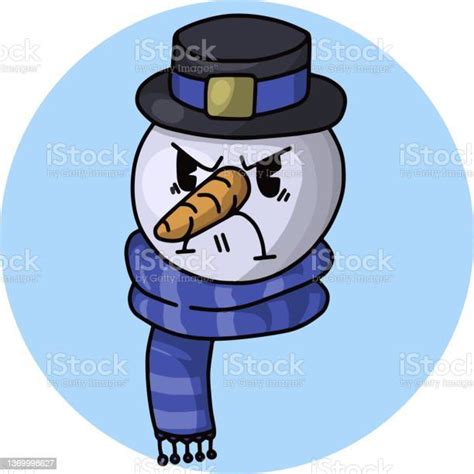 파란색 스카프와 모자를 쓴 만화 캐릭터 화가 난 기분 원 배지의 벡터 일러스트레이션 12월에 대한 스톡 벡터 아트 및 기타