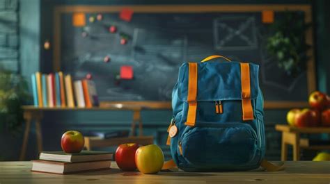 Blue Backpack With School Supplies On Classroom Desk Premium Ai