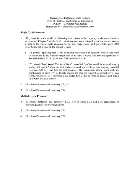 Single Cycle Processor Homework 4 Ece 154 Docsity