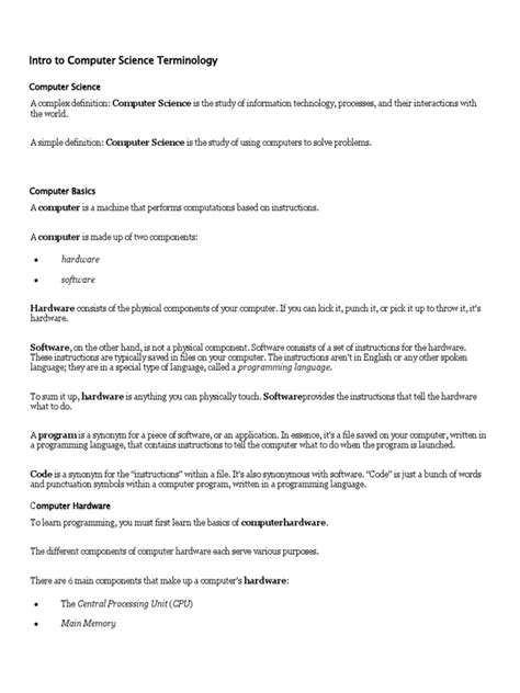 Intro To Computer Science Terminology Hardware Software Pdf