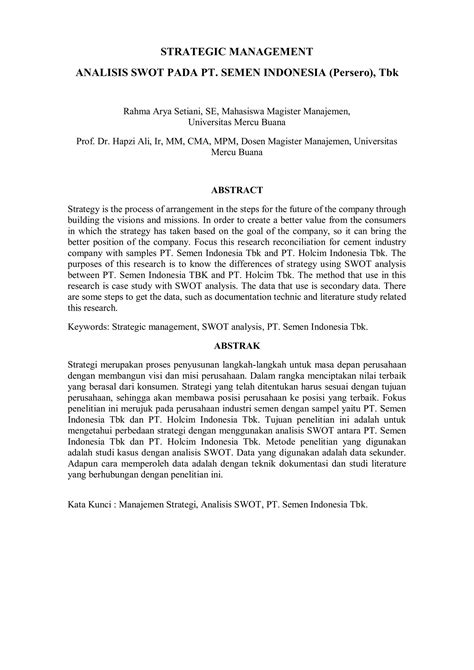 8 Sm Rahma Arya S Hapzi Ali Strategic Management Swot Analysis Pada Pt Semen Indonesia