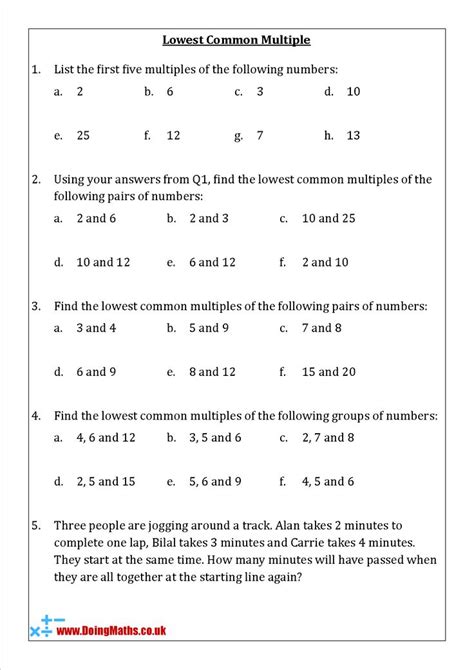 Lowest Common Multiple Lcm Maths Worksheet Common Multiples Least