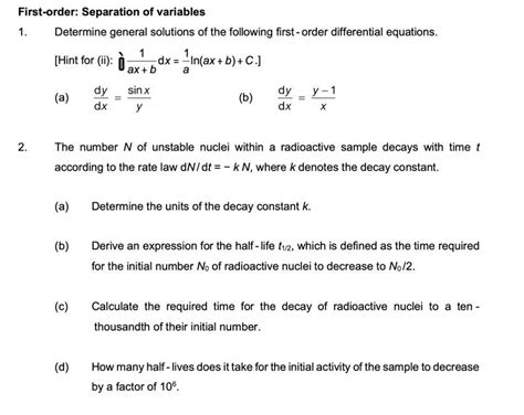 Solved First Order Separation Of Variables Determine Chegg