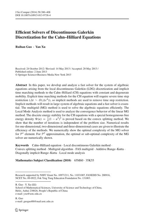 Pdf Efficient Solvers Of Discontinuous Galerkin Discretization For The Cahnhilliard Equations