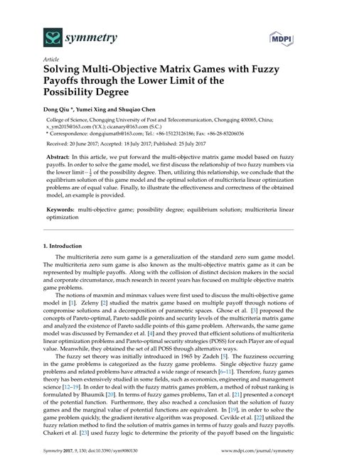 PDF Solving Multi Objective Matrix Games With Fuzzy Payoffs Through