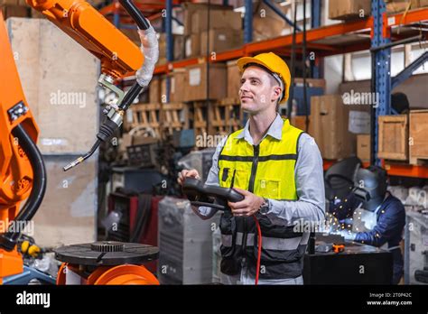 Smart Modern Engineer Male Using Modern Robot Technology Robotic