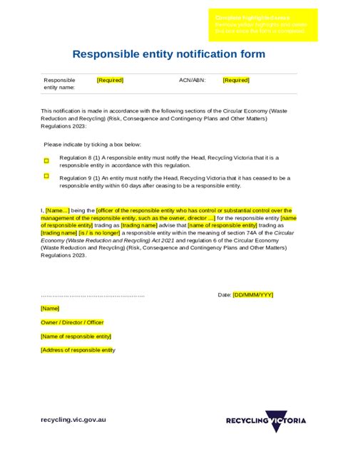 Responsible Entity Notification Doc Template PdfFiller