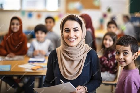 Premium Photo Middle Eastern Teacher Beautiful Teacher And Students
