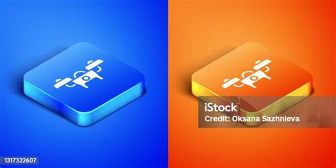 파란색과 주황색 배경에 격리 된 등색 드론 비행 아이콘 비디오 및 사진 카메라 기호쿼드로콥터 정사각형 버튼입니다 벡터 3차원 형태에 대한 스톡 벡터 아트 및 기타 이미지