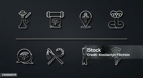 세트 라인 물 담뱃대 호루스의 눈 뱀 파피루스 두루마리 도둑과 도리깨 파피루스 이집트 연꽃 및 십자가 Ankh 아이콘 벡터 검은