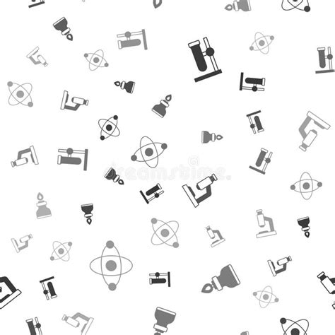 Set Test Tube Flask On Stand Alcohol Or Spirit Burner Microscope And Atom On Seamless Pattern