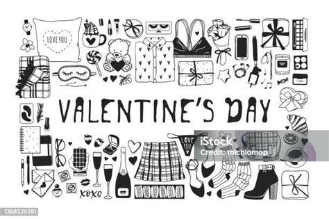 손으로 그린 패션 일러스트 로맨틱 한 개체 및 인용 창조적 인 잉크 예술 작품 휴일 사물의 실제 벡터 그림 해피 발렌타인 데이