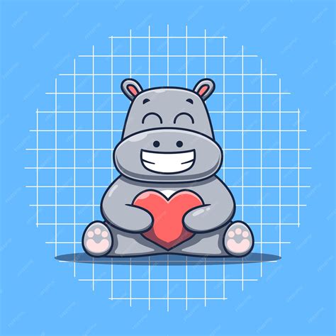 귀여운 하마 캐릭터 포옹 심장 벡터 일러스트 레이 션 평면 만화 스타일 프리미엄 벡터