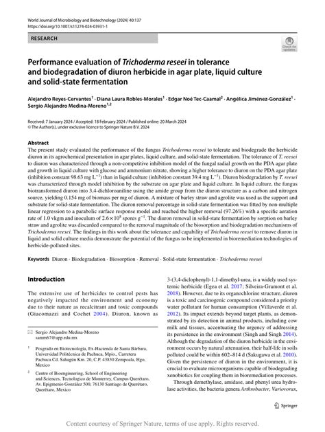 Performance Evaluation Of Trichoderma Reseei In Tolerance And Biodegradation Of Diuron Herbicide