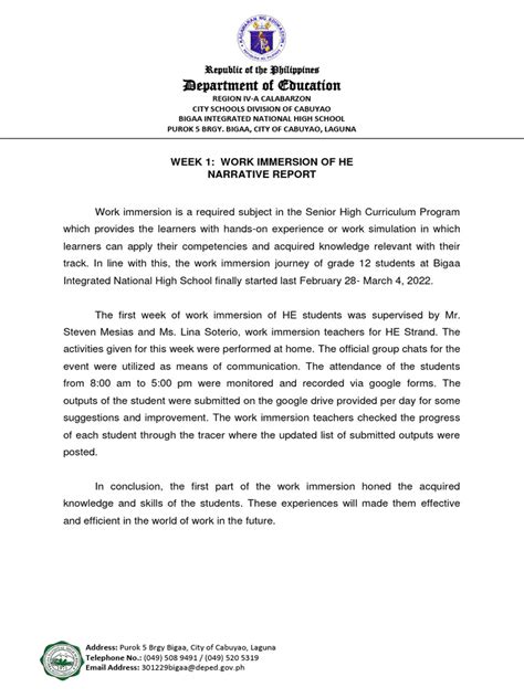 Narrative Report Work Immersion Week 1 Pdf Cognition Behavior Modification