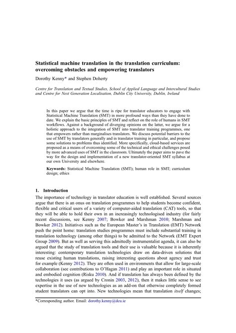Pdf Statistical Machine Translation In The Translation Curriculum