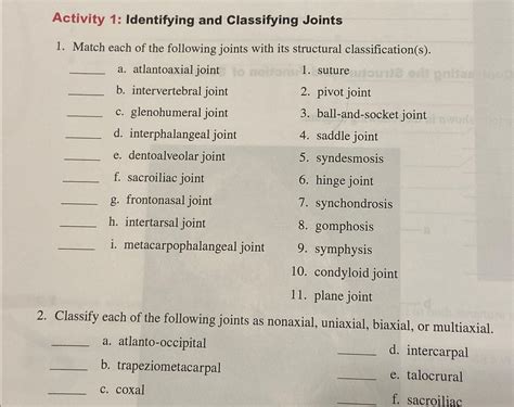 Solved Activity 1 Identifying And Classifying Jointsmatch