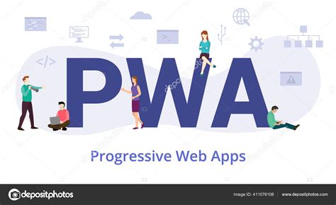pwa progressive web app concept with modern big text or word and people