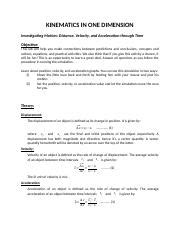 Lab 2 KINEMATICS IN 1D 2 Docx KINEMATICS IN ONE DIMENSION Investigating Motion Distance