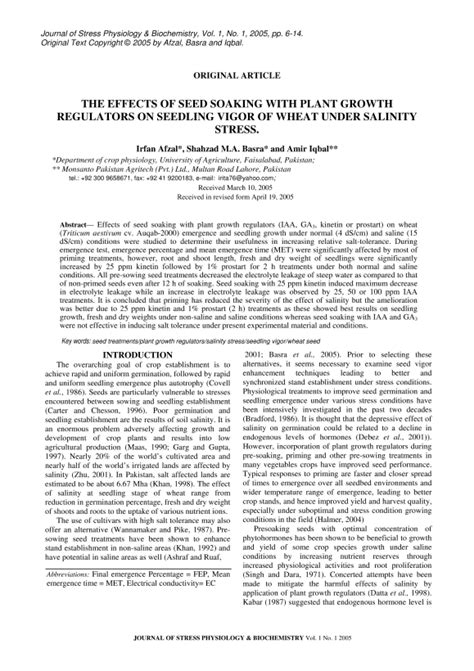 The Effects Of Seed Soaking With Plant Growth Regulators On Seedling