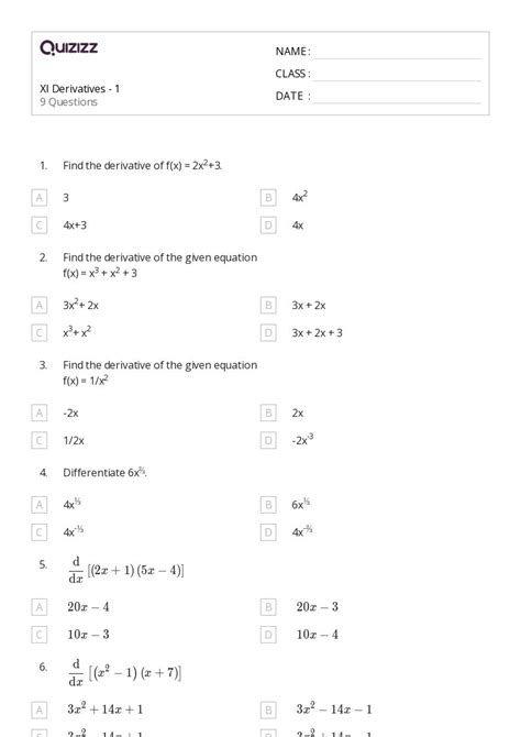 50 Derivatives Worksheets For 11th Class On Quizizz Free And Printable