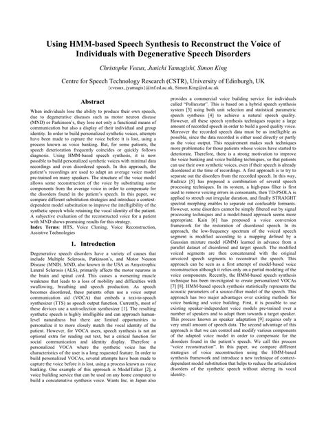 Pdf Using Hmm Based Speech Synthesis To Reconstruct The Voice Of Individuals With Degenerative
