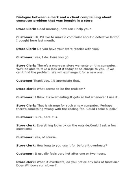 Dialogue Between A Clerk And A Client Complaining About Computer Problem That Was Bought In A