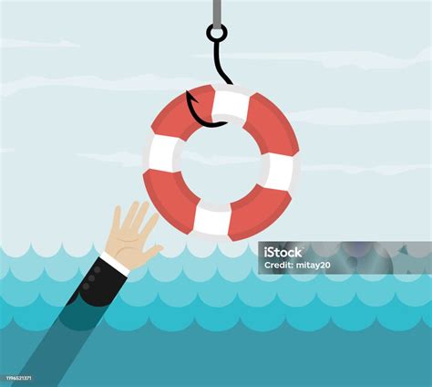 구명 부표 속임수 후크에 함정과 도움을 스트레칭 손을 받고 사업가 생명 부표와 낚시 후크 플랫 스타일의 일러스트레이션 걸이 장비에 대한 스톡 벡터 아트 및 기타 이미지