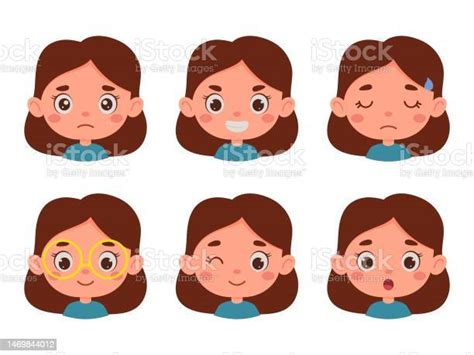 다양한 표정과 몸짓을 한 귀여운 만화 어린 소녀 다른 감정을 보여주는 만화 어린이 캐릭터 벡터 그림 감정에 대한 스톡 벡터 아트 및 기타 이미지 Istock