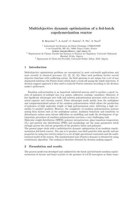 Pdf Multiobjective Dynamic Optimization Of A Fed Batch Copolymerization Reactor
