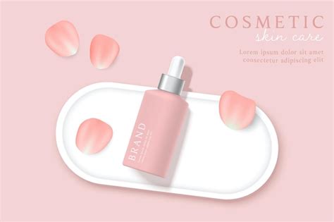 꽃잎이 있는 분홍색 배경에 화장품 및 스킨 케어 제품 광고 템플릿 프리미엄 벡터