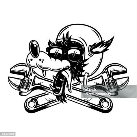 교차 렌치를 가진 늑대 경주자의 그림 라벨 기호 엠블럼에 대한 디자인 요소 벡터 그림 Motor Racing Event에 대한 스톡 벡터 아트 및 기타 이미지 Istock