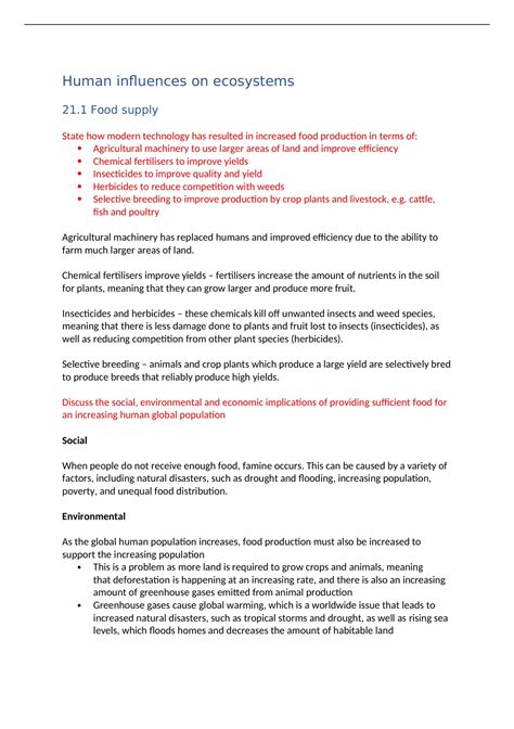 Summary Notes For Cie Igcse Biology Topic 21 Human Influences On Ecosystems Biology Stuvia Uk